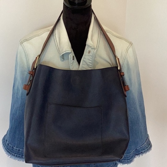 Joy Susan | Bags | Joy Susan Classic Navy Blue Brown Vegan Leather Hobo ...